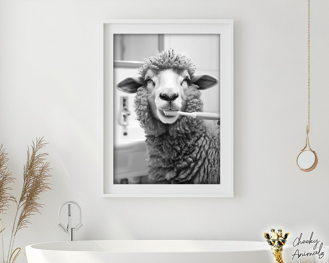 Funny Bathroom Wall Art, Sheep Brushing Teeth, Printable Bathroom Art ...