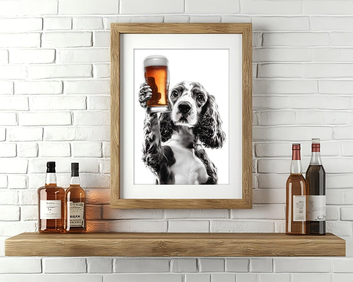 Cocker Spaniel Drinking Beer Art: Funny Dog Lover Print (digital ...
