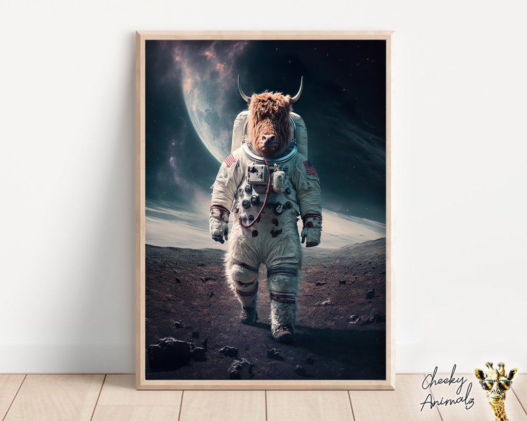 Astronaut Highland Cow, Futuristic Animal Wall Art Print, Cow in a ...