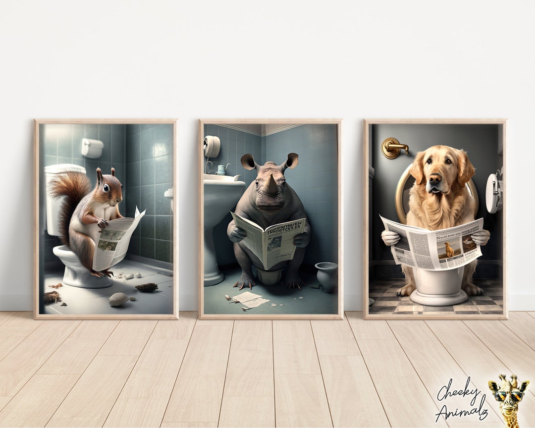 Animals Sitting on the Toilet Reading a Newspaper, Bundle of 3, Funny ...