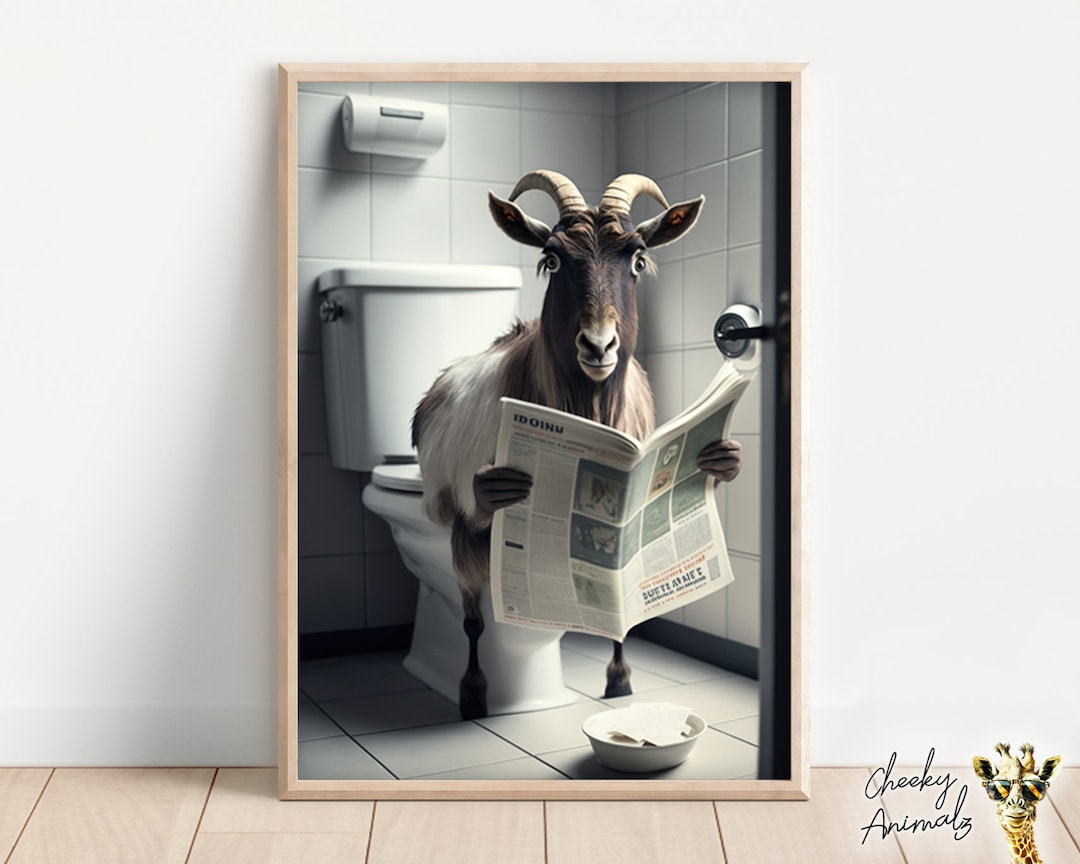 Goat Sitting on the Toilet Reading a Newspaper, Funny Bathroom Humor ...