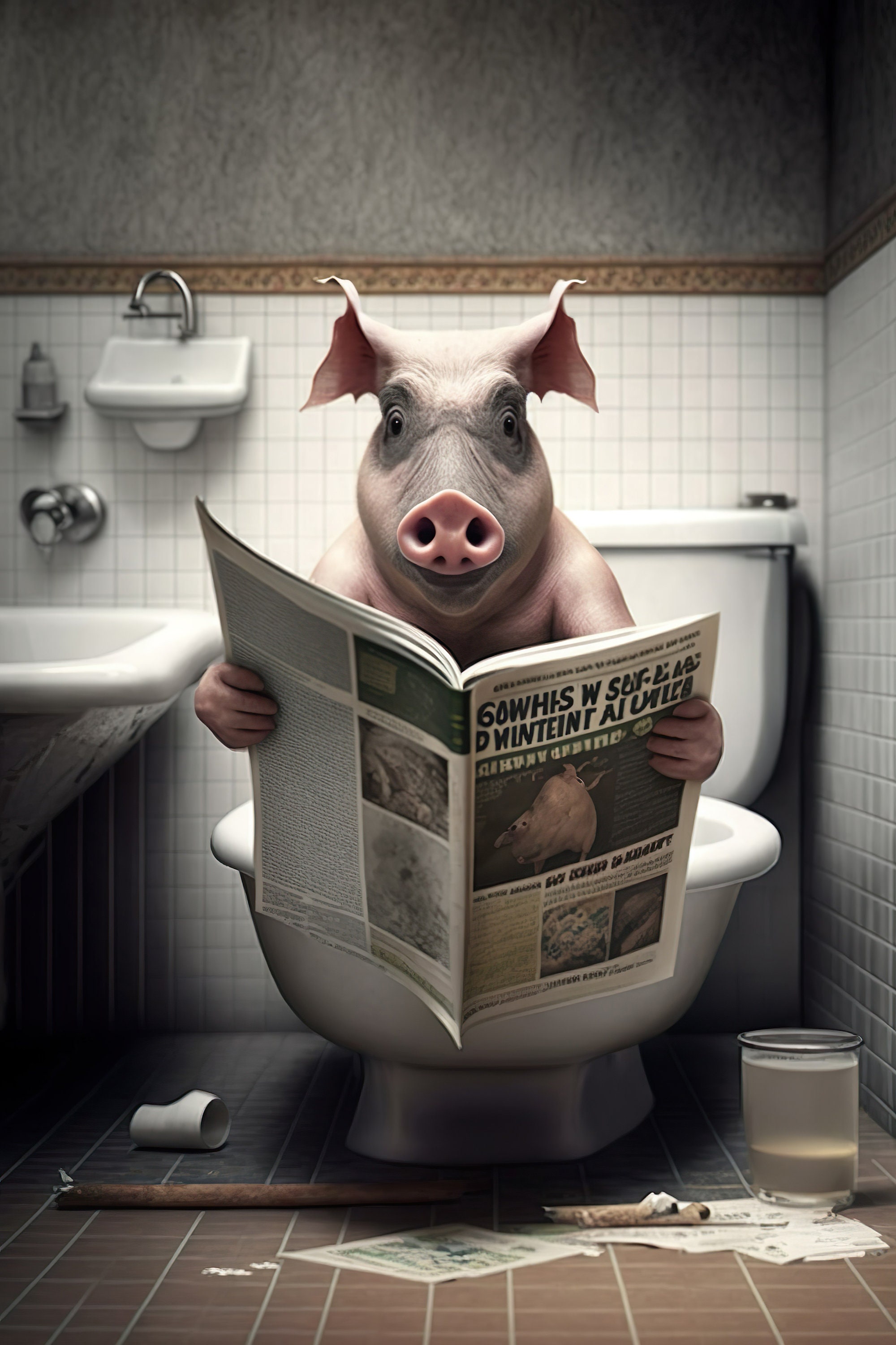 Pig Sitting on the Toilet Reading a Newspaper Funny Bathroom - Etsy