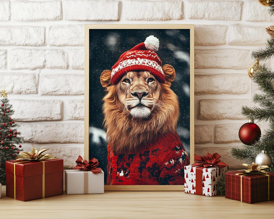 Cute Christmas Lion, Funny Christmas Wall Art, Retro Winter Animals ...