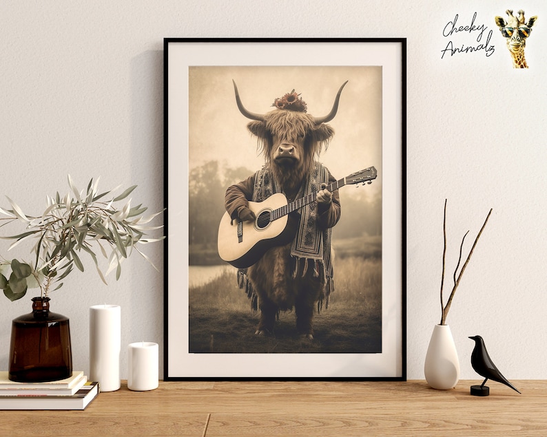 Highland Cow Playing Guitar Funny Vintage Animal Print Cow - Etsy