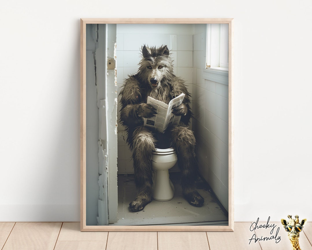 Werewolf Sitting on the Toilet Reading a Newspaper, Funny Bathroom ...