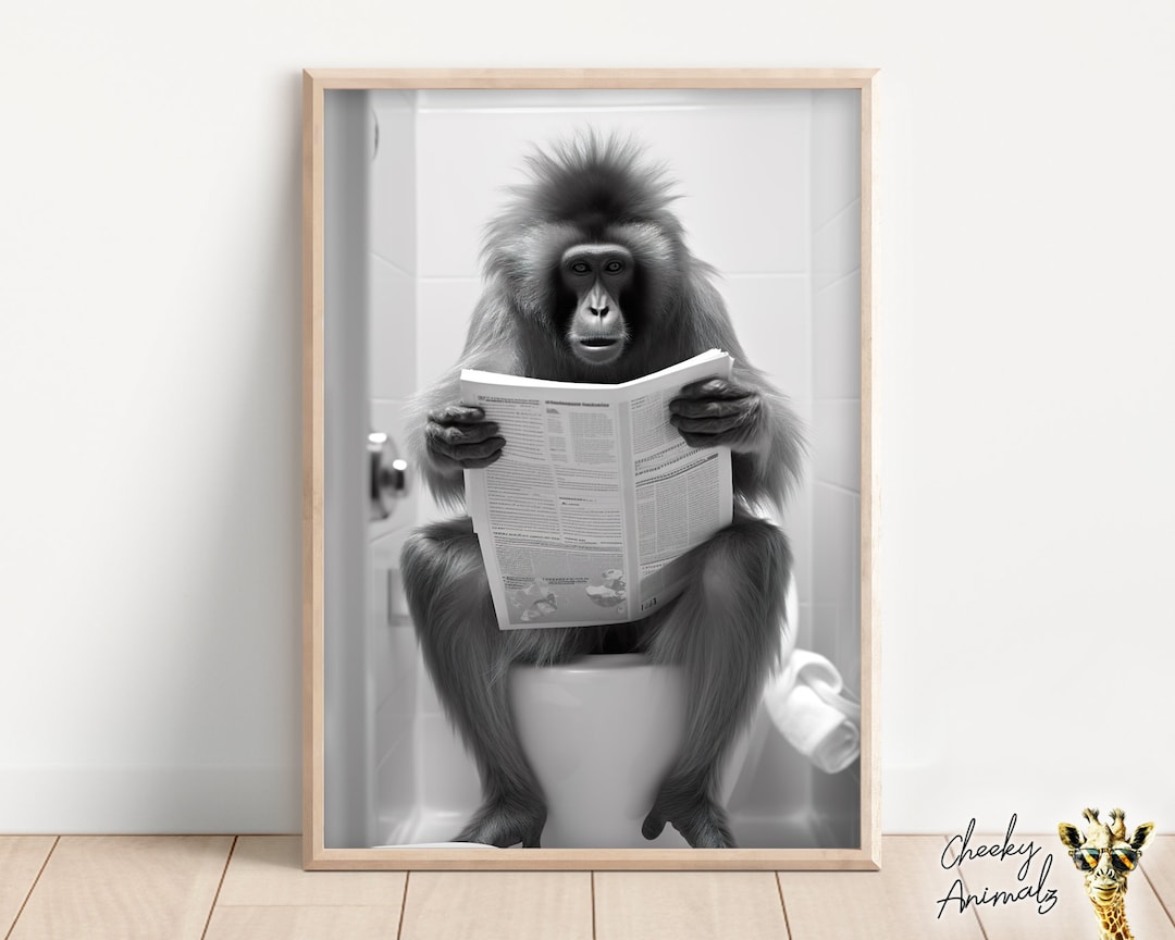 Gibbon Ape Sitting on the Toilet Reading a Newspaper, Funny Bathroom ...