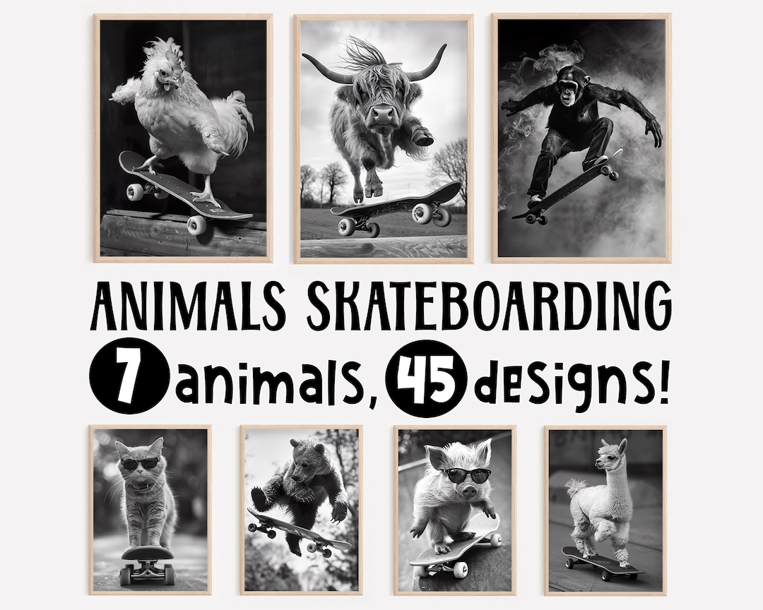 Animals Skateboarding Bundle, Funny Animal Wall Art, Cow, Monkey, Cat ...