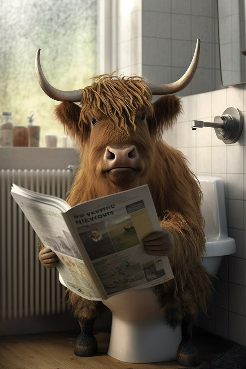 Highland Kuh sitzt auf der Toilette und liest eine Zeitung - Etsy.de