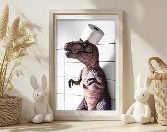 Cute T-rex Bathroom Wall Art, Hilarious Dinosaur With Toilet Paper on ...