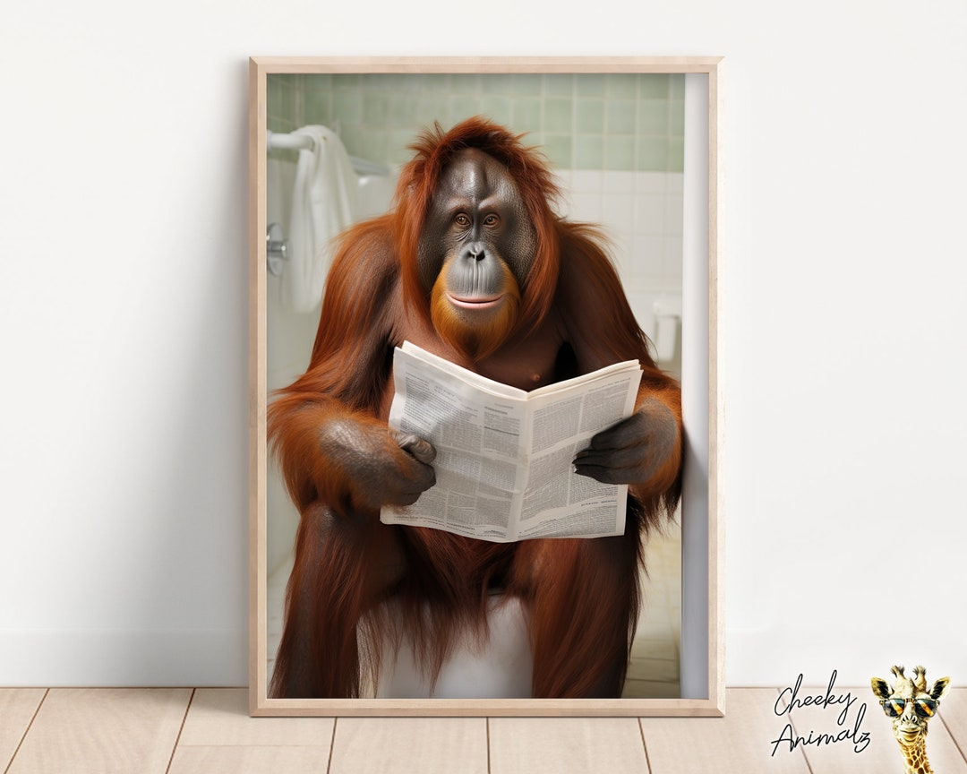 Funny Orangutan Bathroom Print: Ape Reading Newspaper on Toilet ...