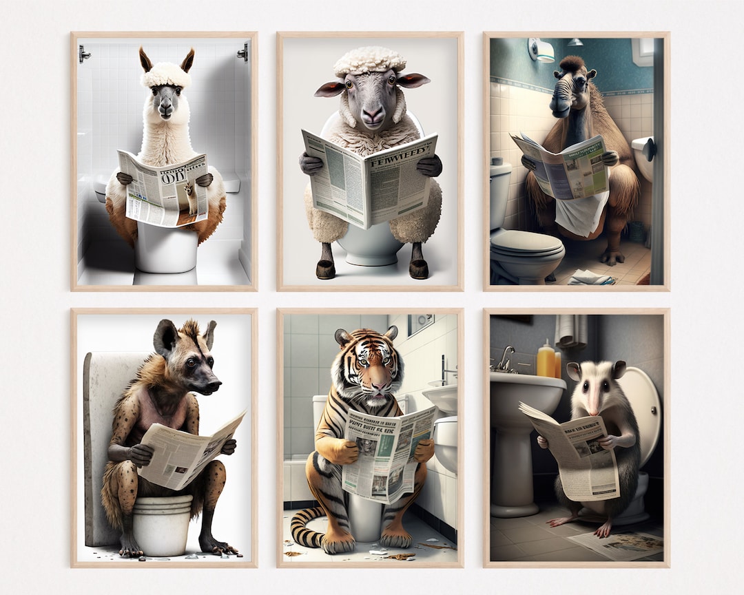 Funny Animal Bathroom Prints: Animals on Toilet Wall Art (digital ...
