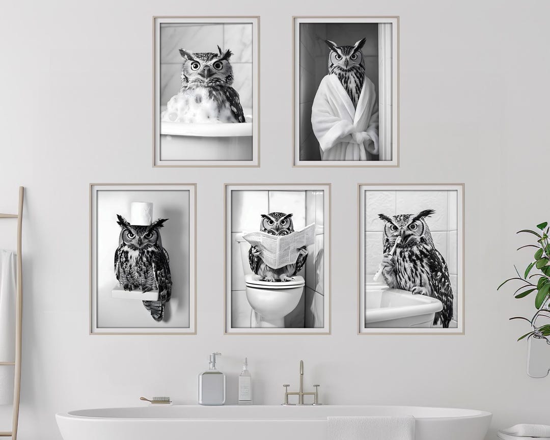 Owl Wall Art Bundle of 5, Funny Bathroom Decor, Cute Animal Prints, Owl ...
