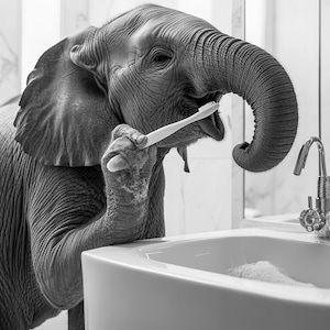 Funny Elephant Brushing Teeth Print: Vintage Bathroom Wall Art (digital ...