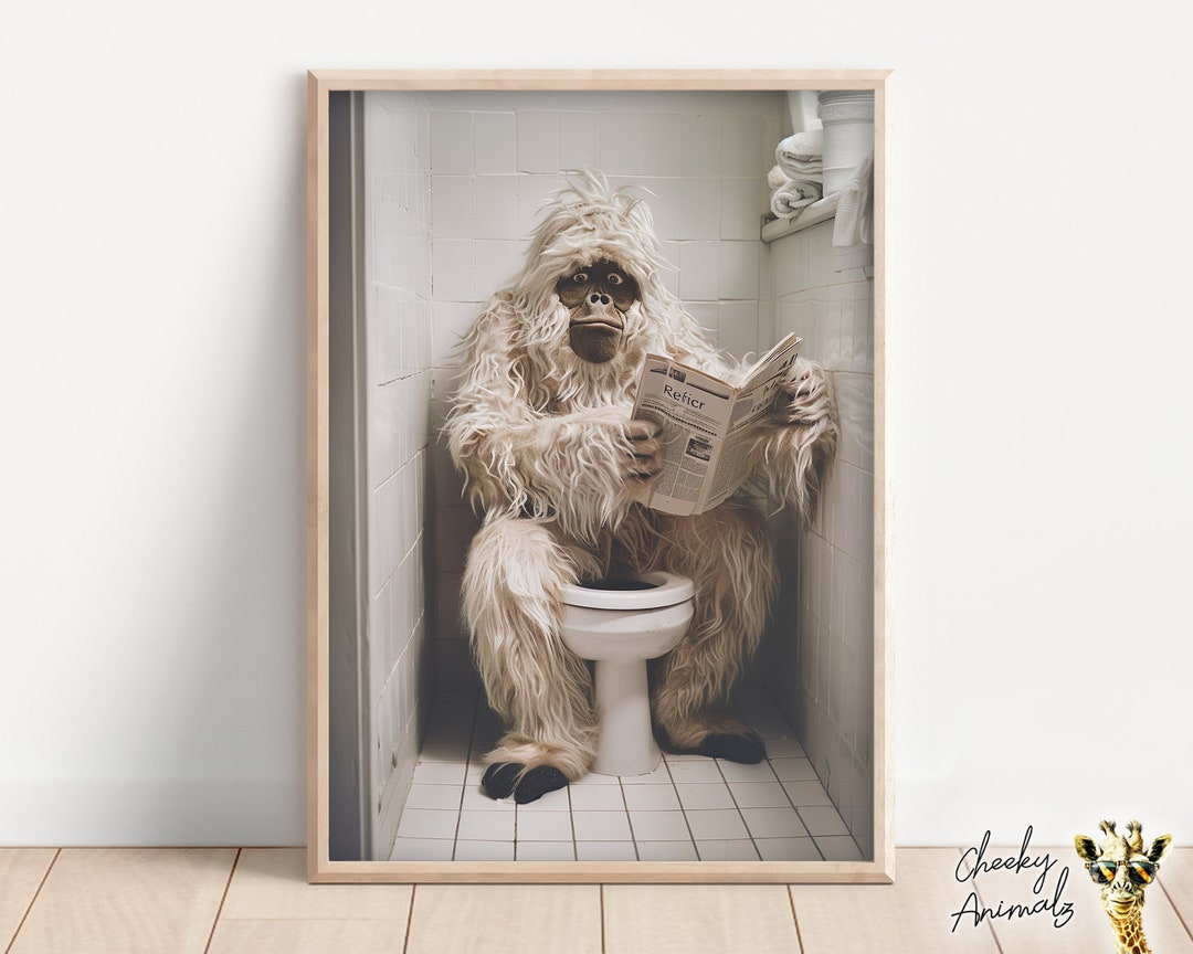 Yeti Sitting on the Toilet Reading a Newspaper, Funny Bathroom Humor ...