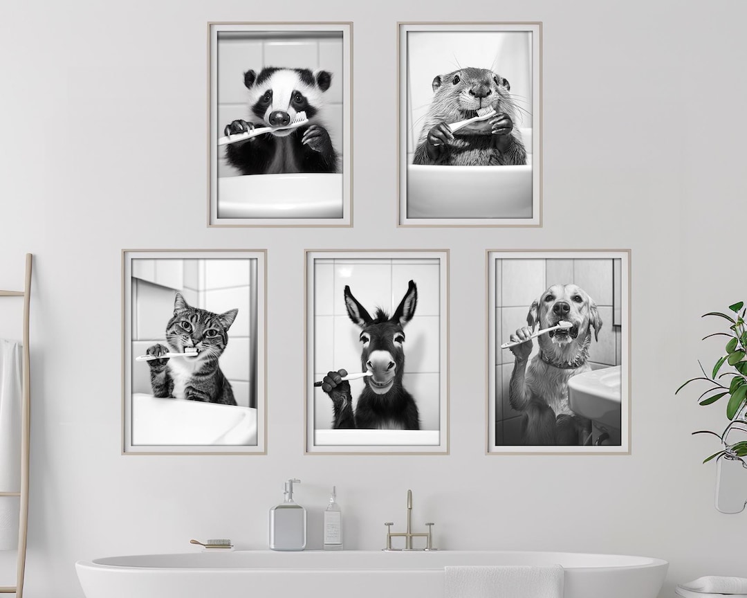 Animals Brushing Teeth, Bundle of 5, Funny Bathroom Wall Art, Vintage ...