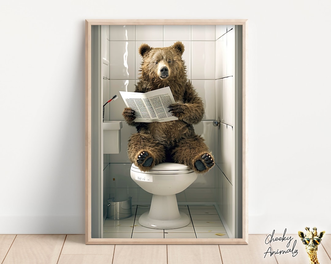 Bear Sitting on the Toilet Reading a Newspaper, Funny Bathroom Humor ...