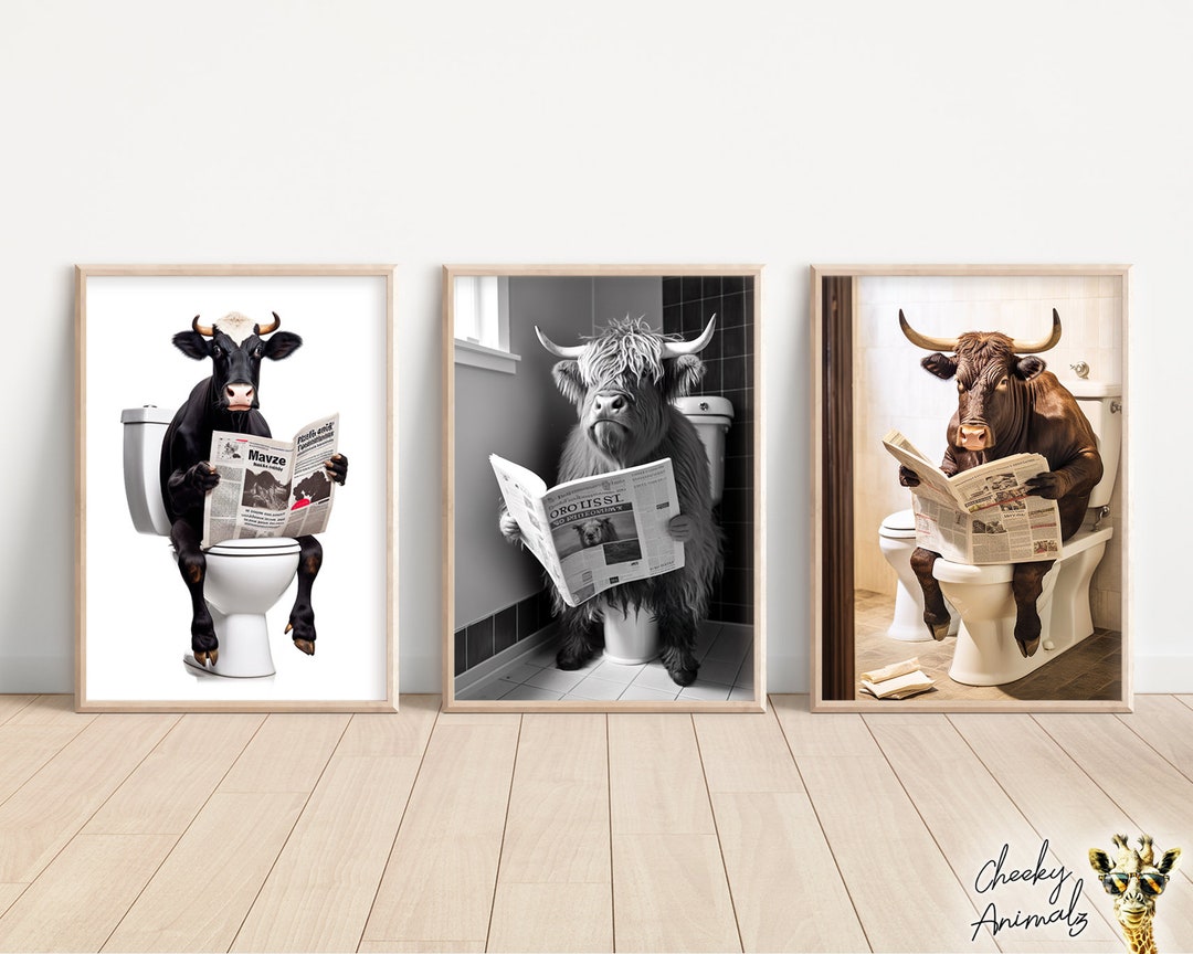 Cow Sitting on the Toilet Reading a Newspaper, Bundle of 3, Funny ...