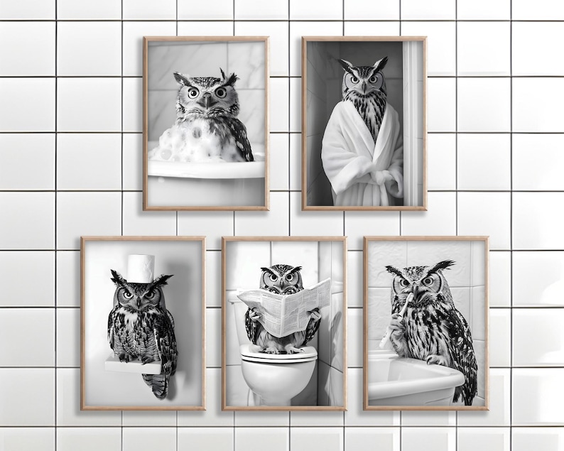 Owl Wall Art Bundle of 5, Funny Bathroom Decor, Cute Animal Prints, Owl ...