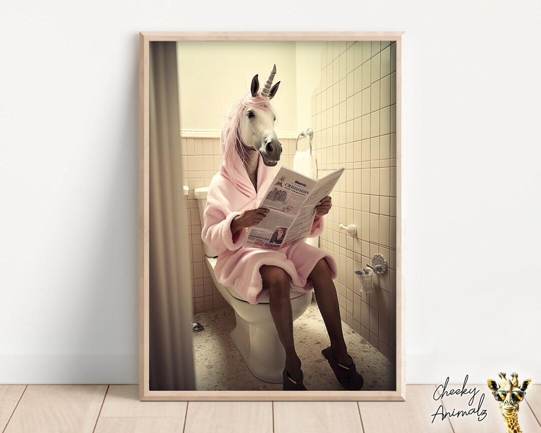 Unicorn Sitting on the Toilet Reading a Newspaper, Funny Bathroom Humor ...