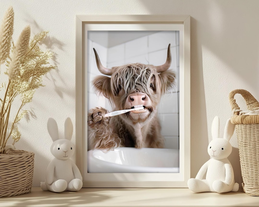 Highland Cow Brushing Teeth Print: Funny Bathroom Wall Art (digital ...