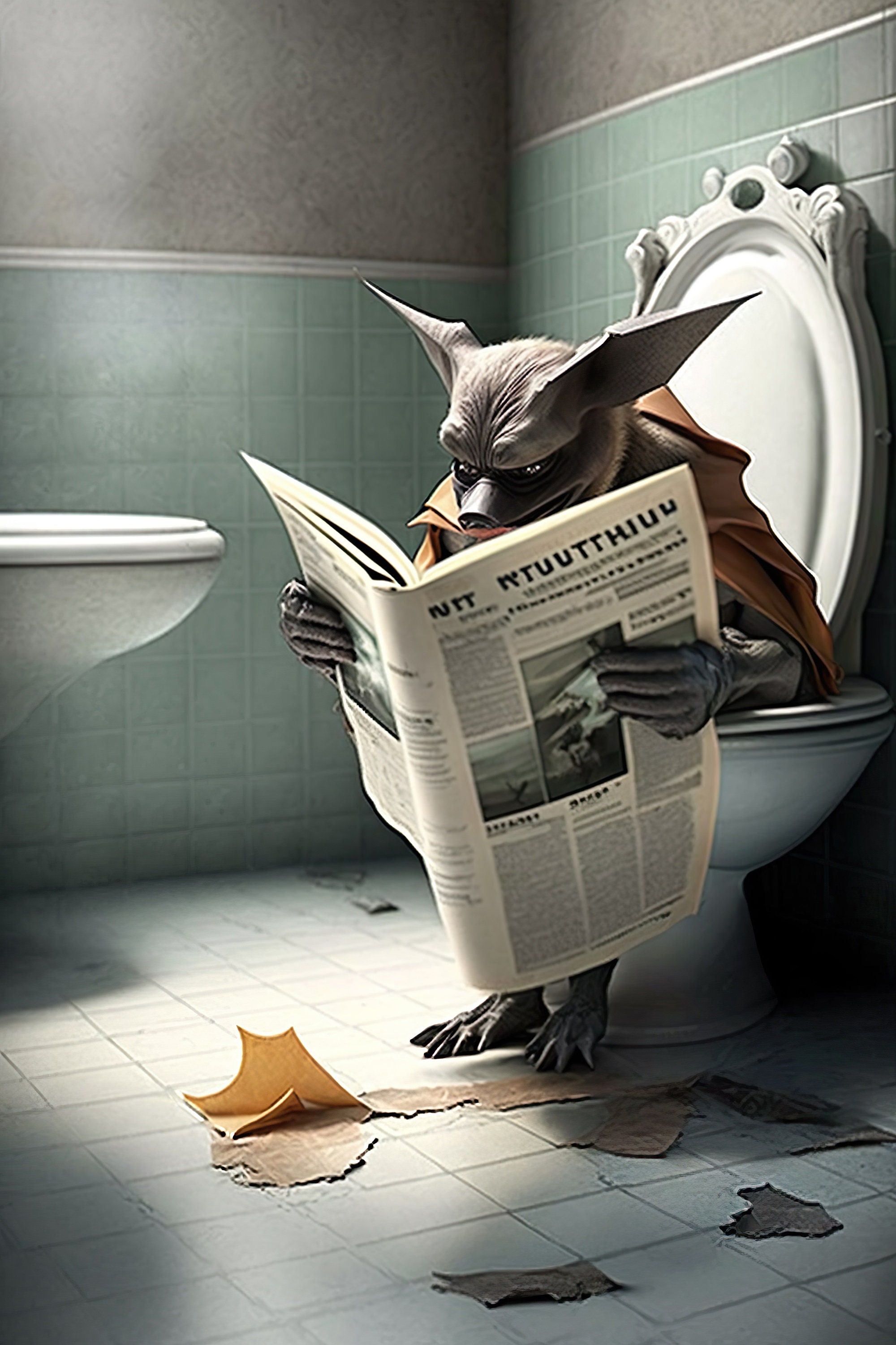 Bat Sitting on the Toilet Reading a Newspaper Funny Bathroom - Etsy
