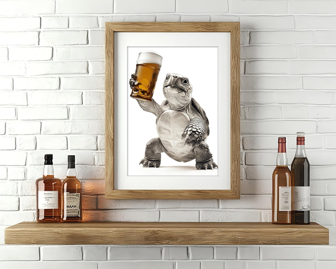 Turtle Drinking Beer, Funny Kitchen Wall Art, Home Bar Decor, Funny ...