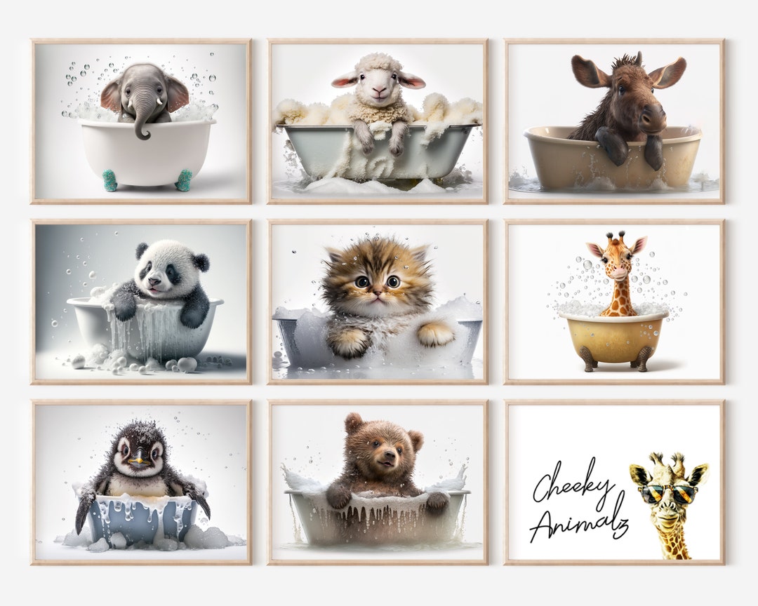 Cute Baby Animals in Bathtub, Bundle of 8, Funny Animal Prints ...