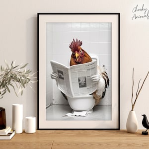 Funny Chicken Bathroom Print: Animals on Toilet Wall Art (digital Print ...