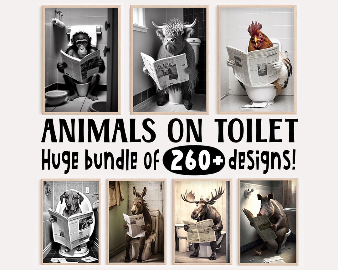 Funny Animal Bathroom Prints: Animals on Toilet Wall Art, 260+ Designs ...
