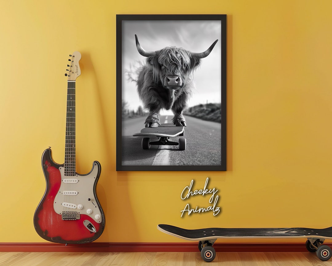Highland Cow Skateboarding, Funny Animal Wall Art, Cow on Skateboard ...