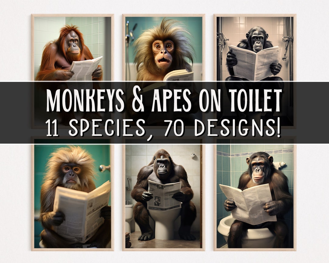 Monkeys Sitting on the Toilet Reading a Newspaper, Bundle of 70, Funny Bathroom Wall Art, Monkey ...
