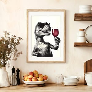 T-rex Drinking Red Wine, Funny Kitchen Wall Art, Home Bar Decor, Funny ...