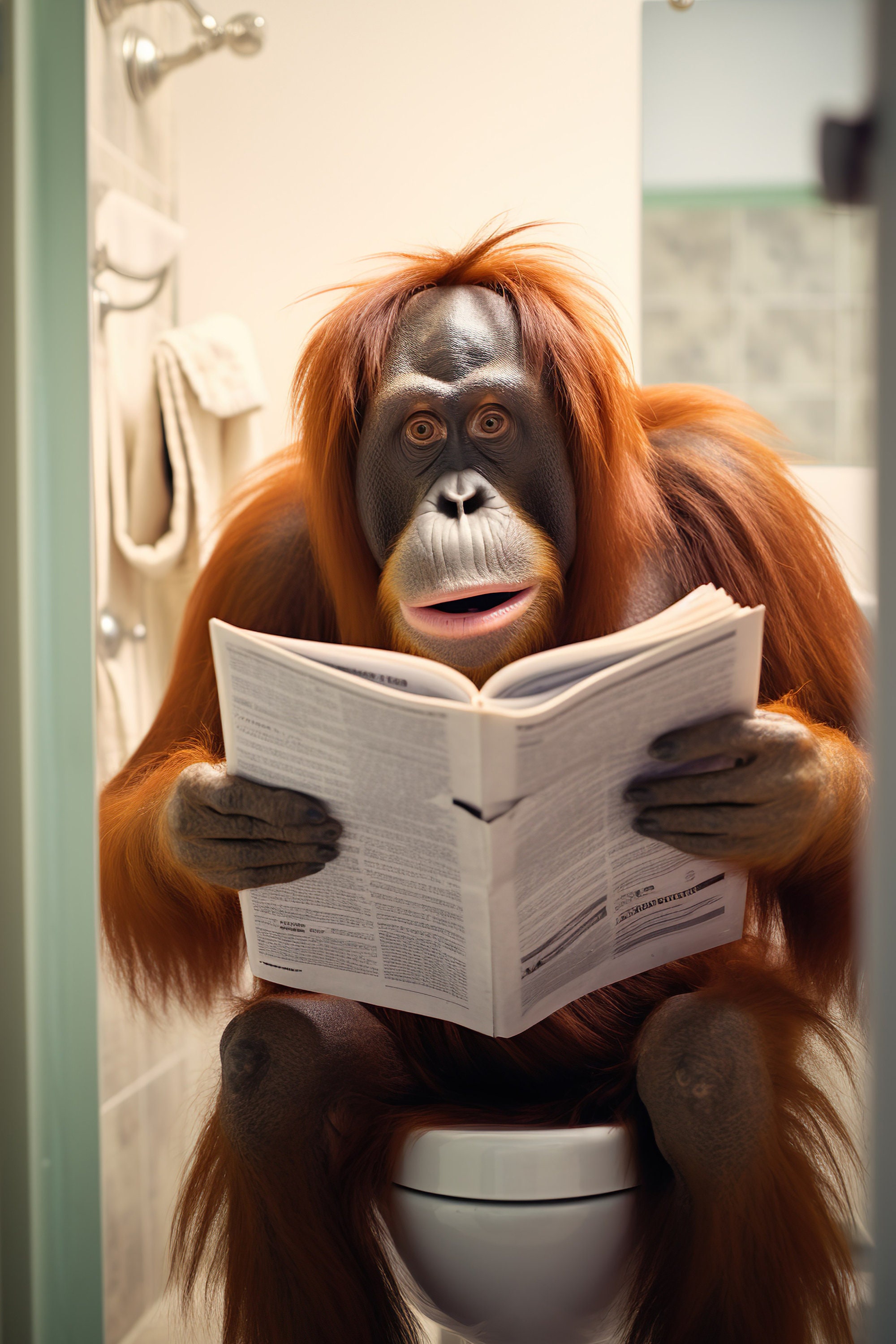 Orangutan Ape Sitting on the Toilet Reading a Newspaper Funny - Etsy