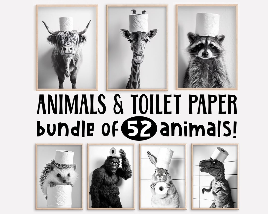 Funny Animal Toilet Paper Head Art Prints: Bathroom Decor Bundle ...
