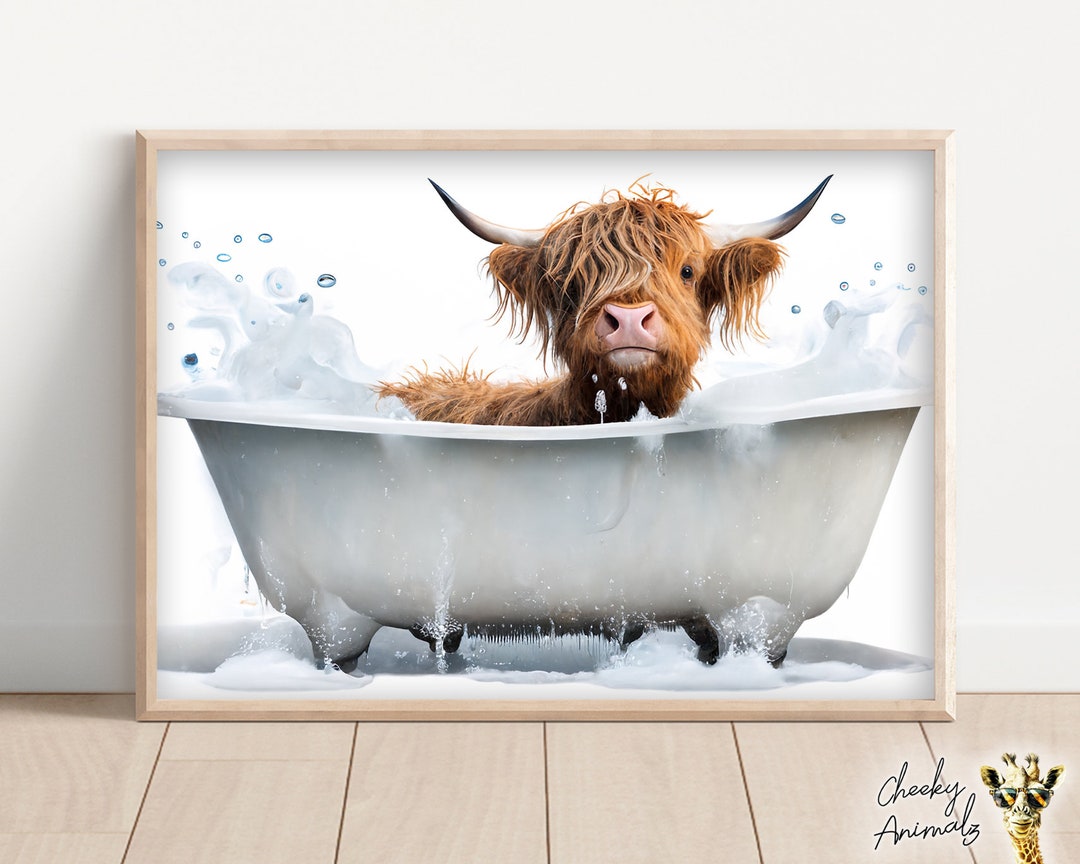 Cute Baby Highland Cow in the Bathtub, Funny Animal Wall Art, Bathroom ...