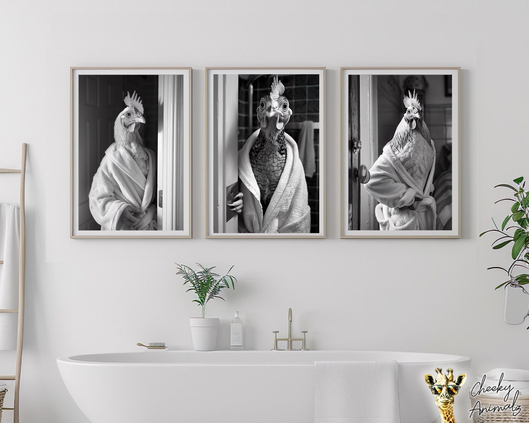 Chickens in a Bathrobe, Bundle of 4, Funny Bathroom Wall Art, Quirky ...