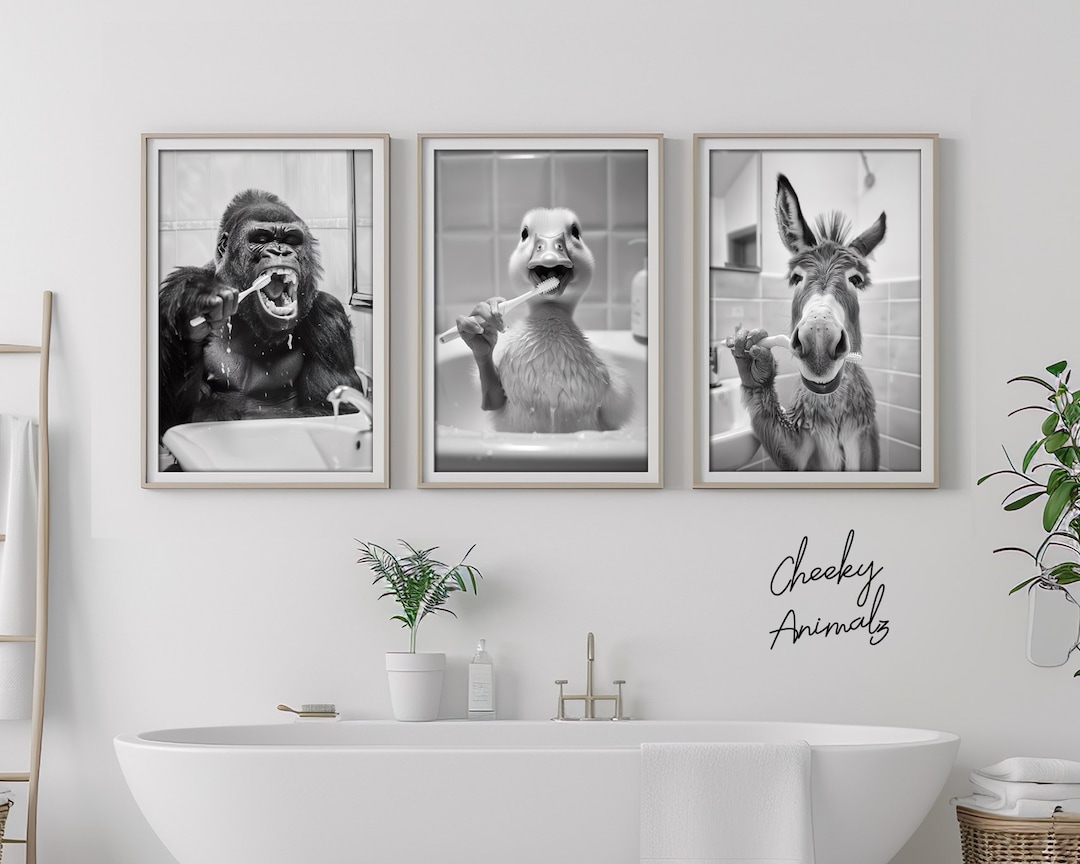 Funny Animal Bathroom Art Prints: Vintage Donkey, Duck, Gorilla ...