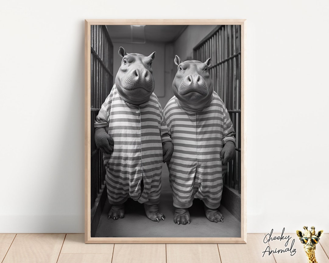 Hippos in Prison Wearing a Striped Suit, Funny Vintage Animal Print ...