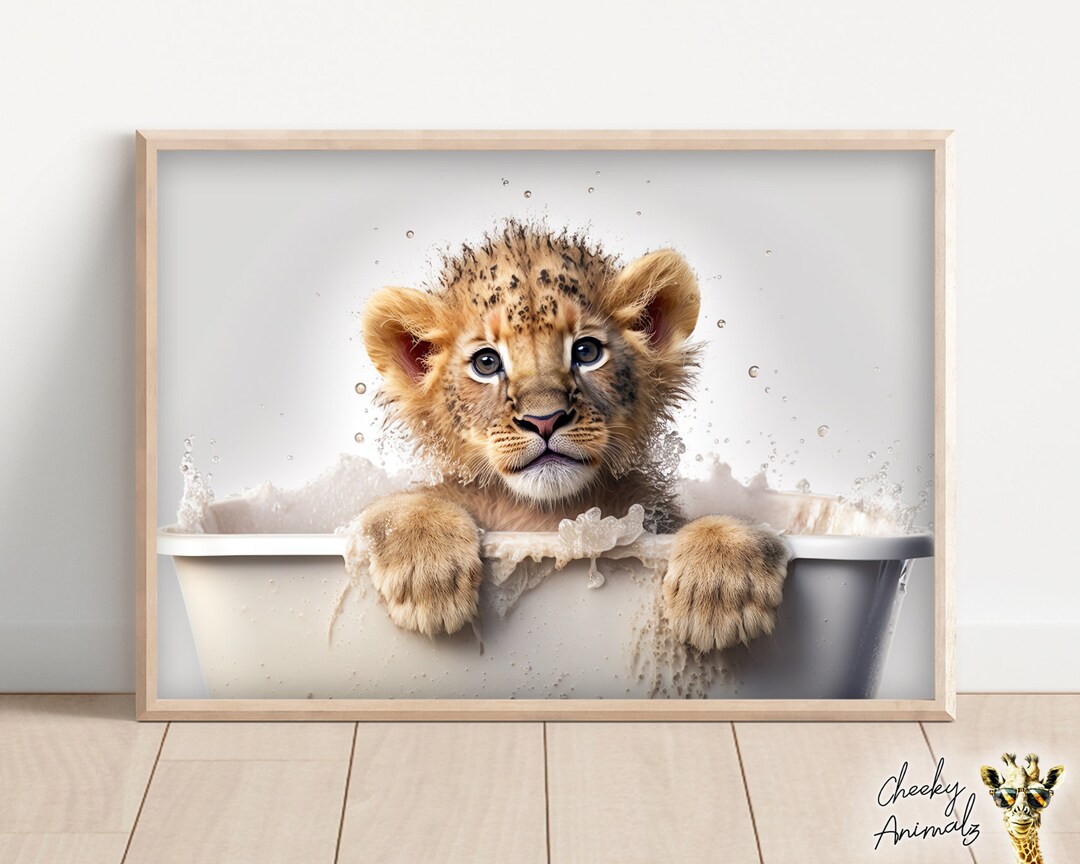 Cute Baby Lion Cub in the Bathtub, Funny Animal Wall Art, Bathroom Wall ...