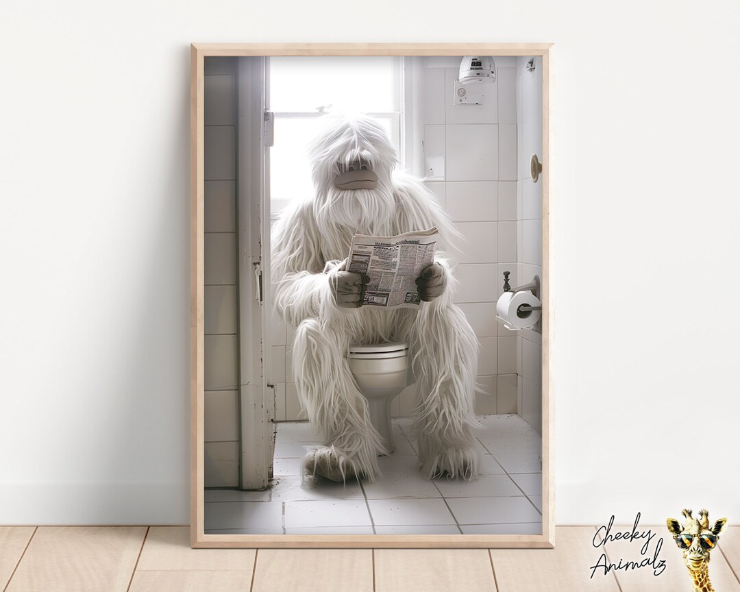 Yeti Sitting on the Toilet Reading a Newspaper, Funny Bathroom Humor ...