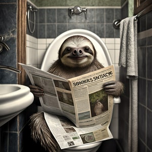 Sloth Sitting on the Toilet Reading a Newspaper, Funny Bathroom Humor ...