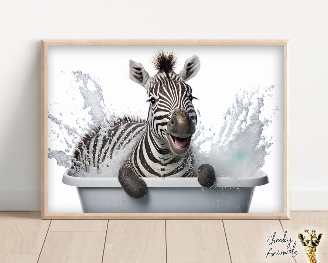 Cute Baby Zebra in the Bathtub, Funny Animal Wall Art, Bathroom Wall ...