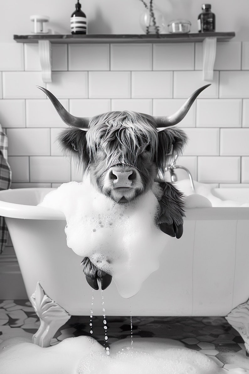 Funny Highland Cow Bathroom Art Prints: Bath, Toilet, Bathrobe (digital ...