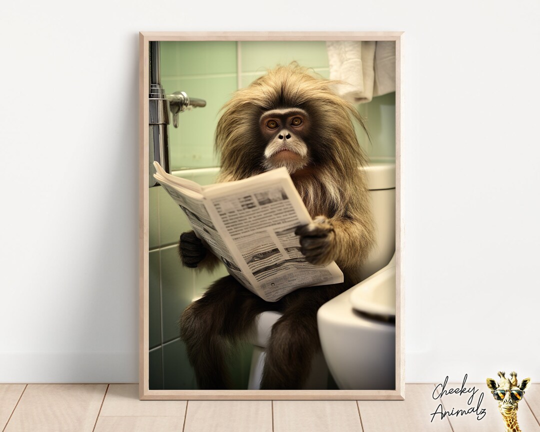 Funny Tamarin Monkey Bathroom Print: Toilet Newspaper AI Art (digital ...