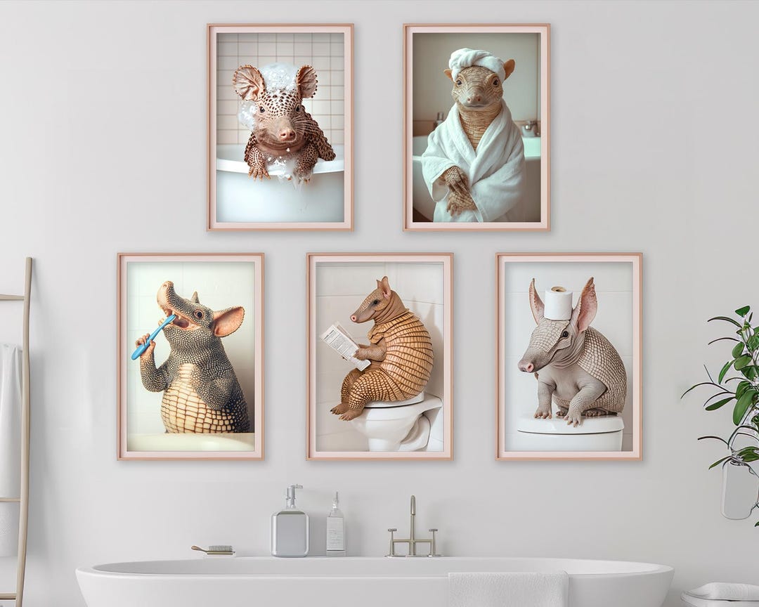 Funny Armadillo Wall Art Bundle, Cute Animal Bathroom Photo Print Set ...