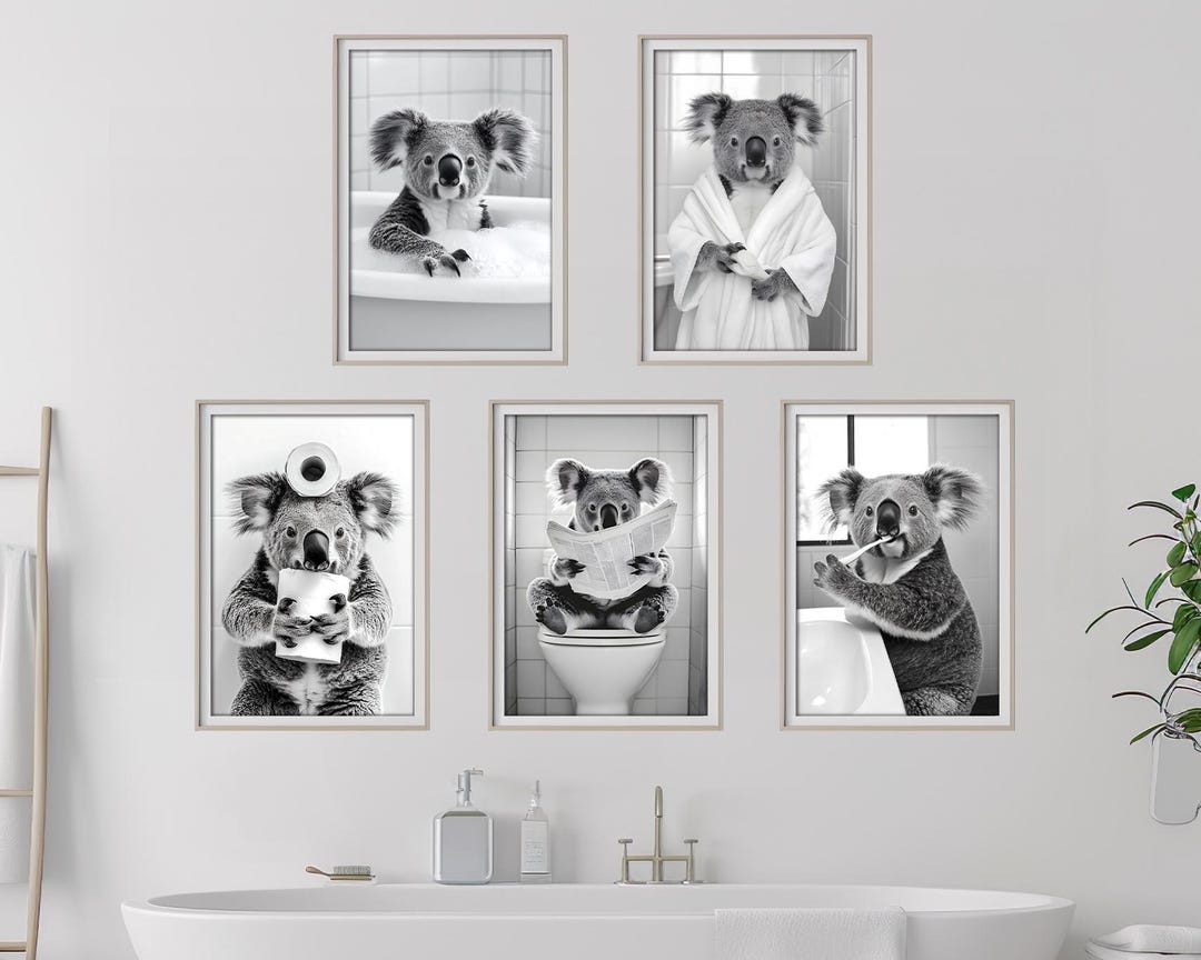 Koala Wall Art Bundle of 5, Funny Bathroom Decor, Cute Animal Prints ...