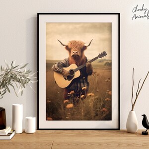 Highland Cow Playing Guitar, Funny Vintage Animal Print, Cow Photograph ...