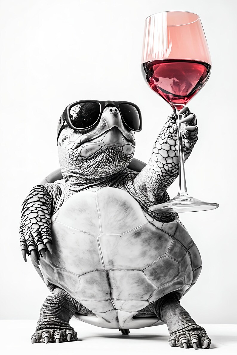 Funny Turtle Drinking Wine Art Print: Quirky Home Bar Decor (digital ...