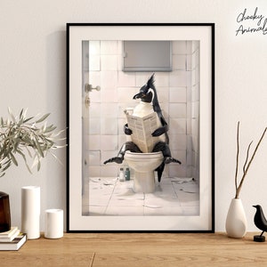 Penguin Sitting on the Toilet Reading a Newspaper, Funny Bathroom Humor ...