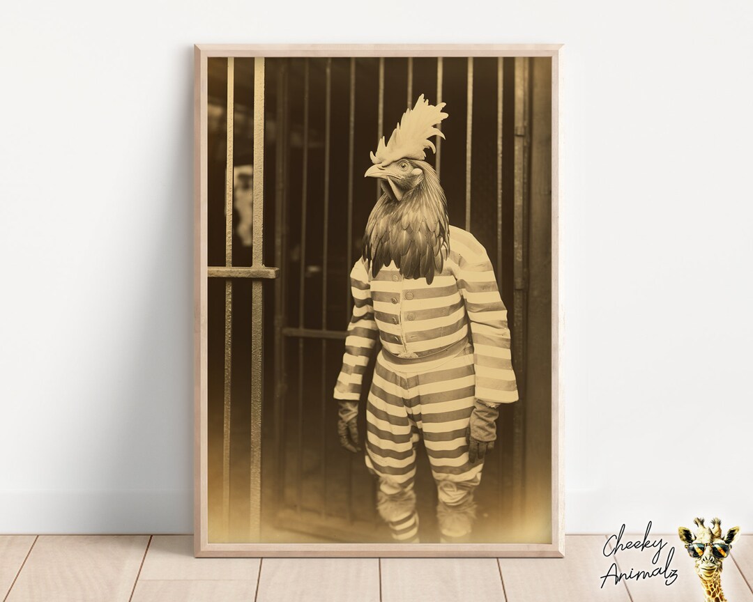 Chicken in Prison Wearing a Striped Suit, Funny Vintage Animal Print ...